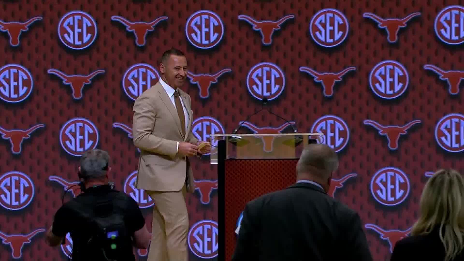 Steve Sarkisian walks to SEC Media Days podium with ‘Aggie War Hymn ...