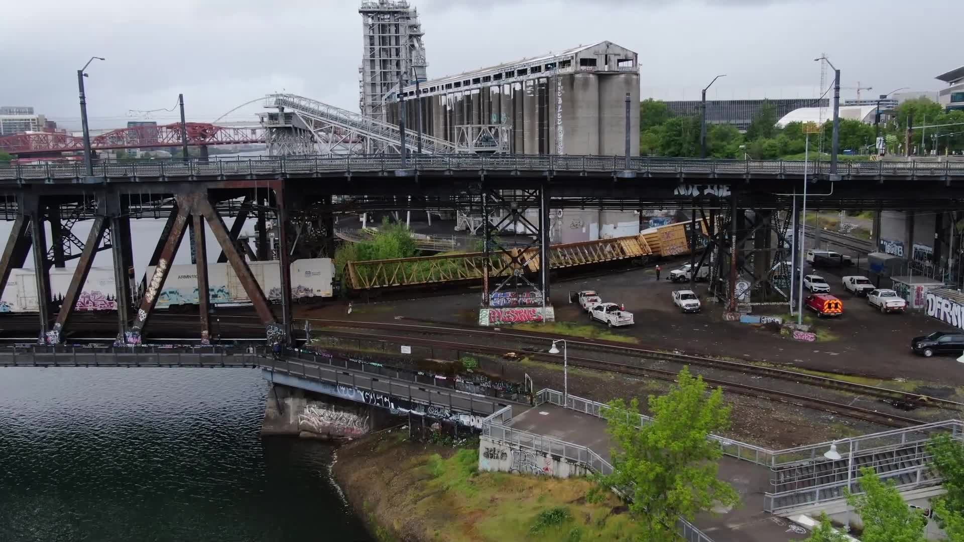 Drone footage reveals extent of Steel Bridge train derailment – KOIN.com