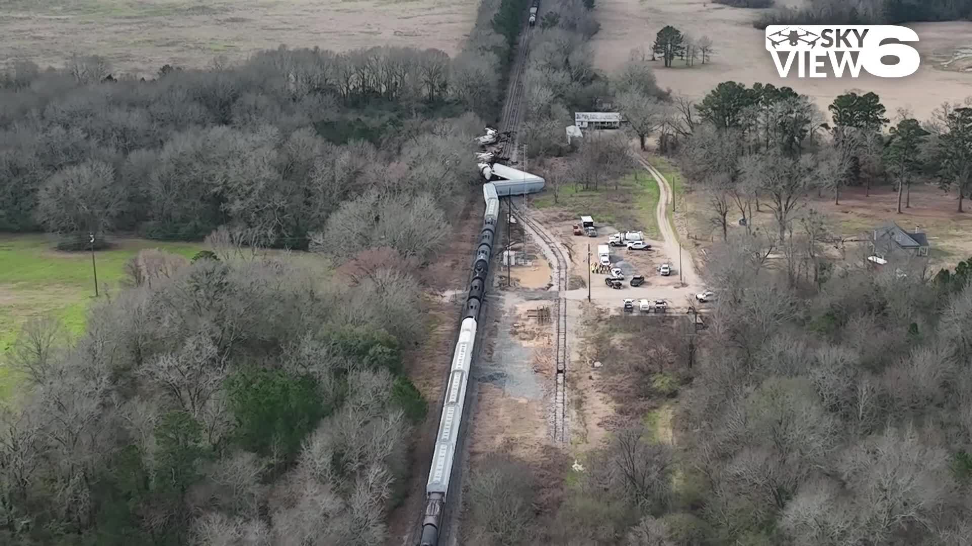 DRONE FOOTAGE: Keachi train derailment leaks acid products causes ...